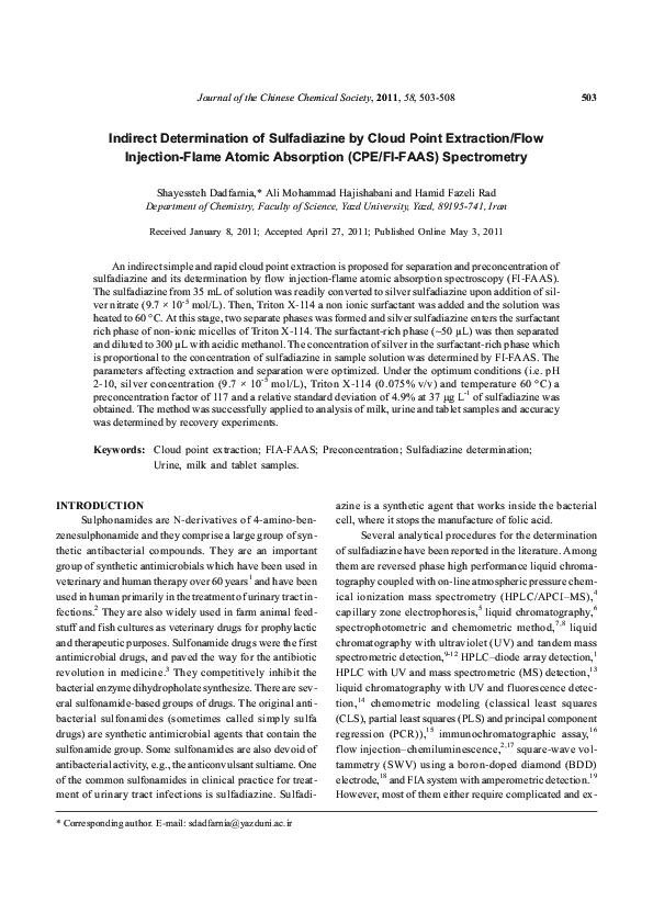 Pdf Indirect Determination Of Sulfadiazine By Cloud Point Extraction Flow Injection Flame