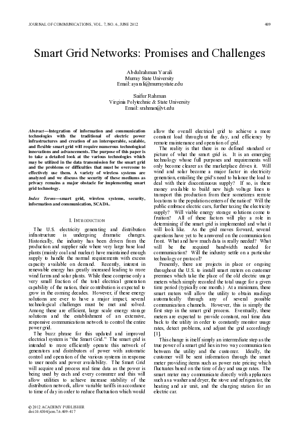 (PDF) Smart Grid Networks: Promises and Challenges