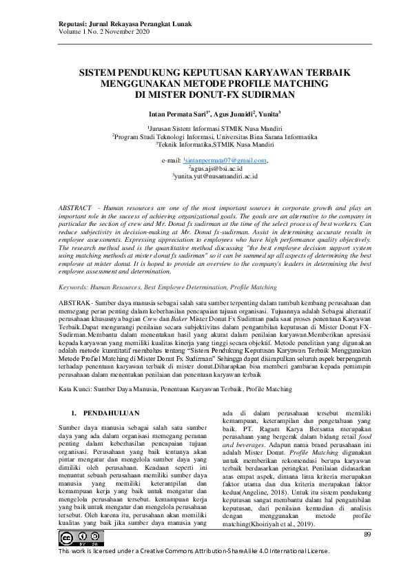 Sistem Pendukung Keputusan Karyawan Terbaik Menggunakan Metode Profile Matching DI Mister Donut ...