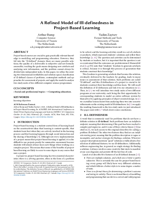 (PDF) A Refined Model of Ill-definedness in Project-Based Learning