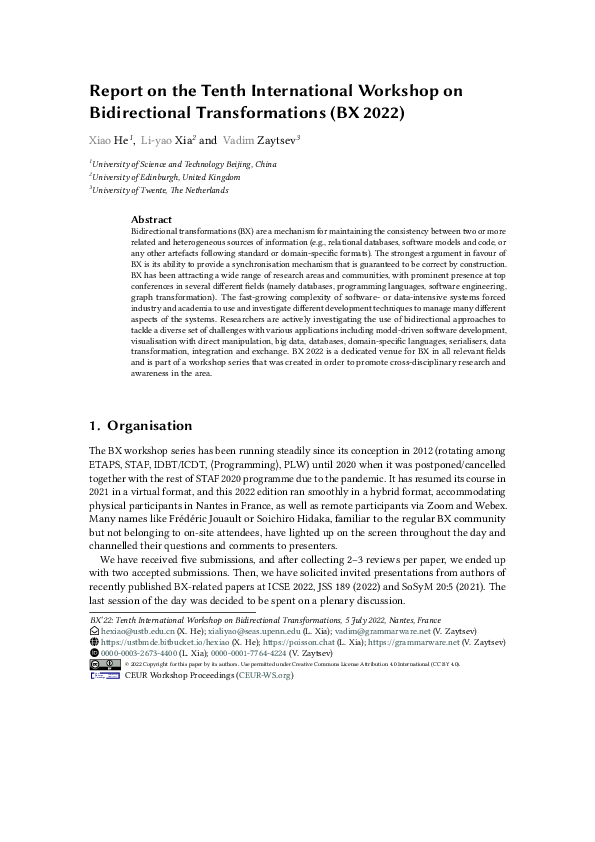 (PDF) Report on the Tenth International Workshop on Bidirectional Transformations (BX 2022