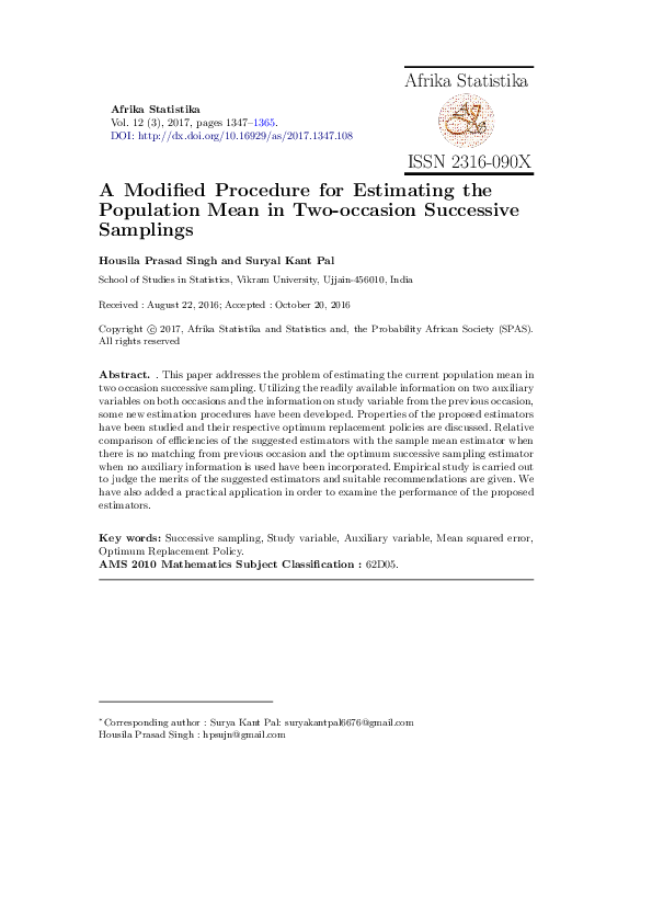 (PDF) A Modified Procedure for Estimating the Population Mean in Two-Occasion Successive Sampling