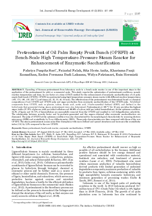 (PDF) Pretreatment of Oil Palm Empty Fruit Bunch (OPEFB) at Bench-Scale High Temperature ...