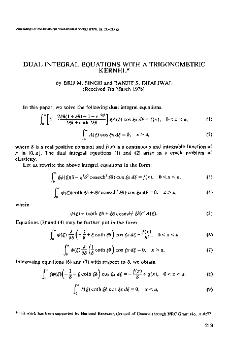 Pdf Dual Integral Equations With A Trigonometric Kernel Kuldeep
