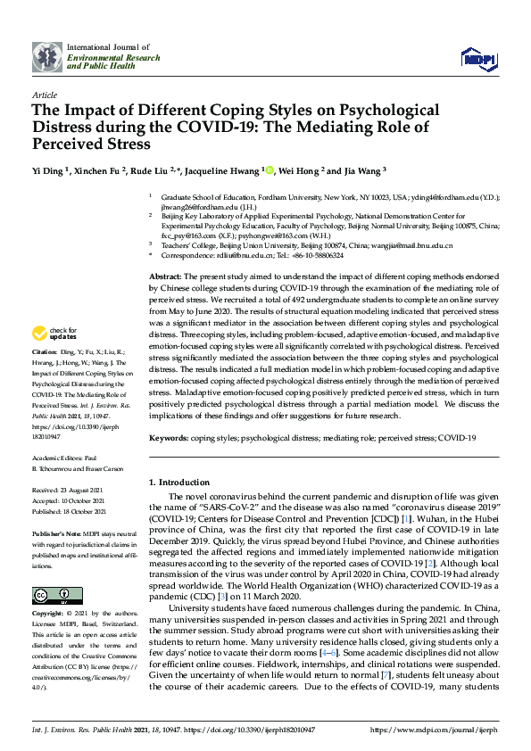 (PDF) The Impact of Different Coping Styles on Psychological Distress during the COVID-19: The ...