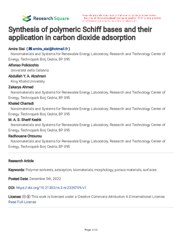 (PDF) Synthesis of polymeric Schiff bases and their application in carbon dioxide adsorption