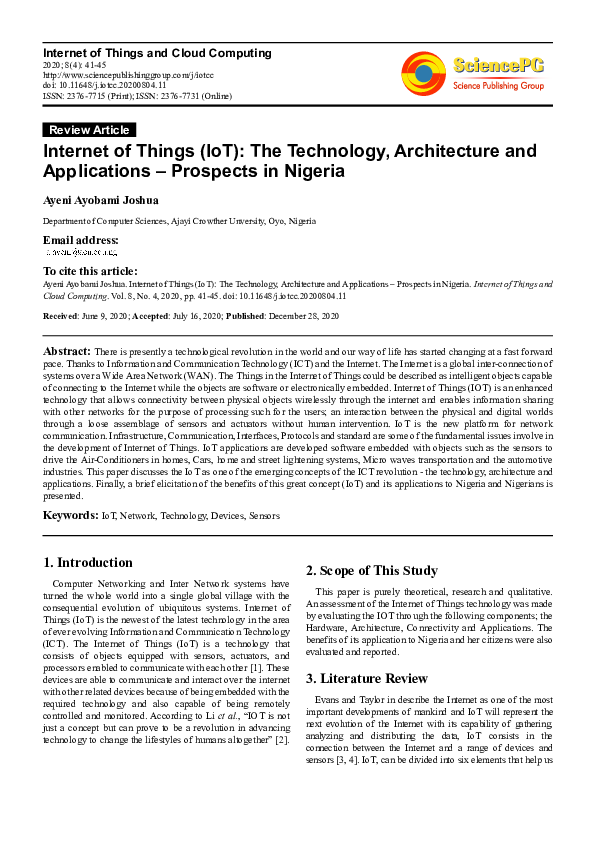 (PDF) Internet of Things (IoT): The Technology, Architecture and Applications – Prospects in Nigeria