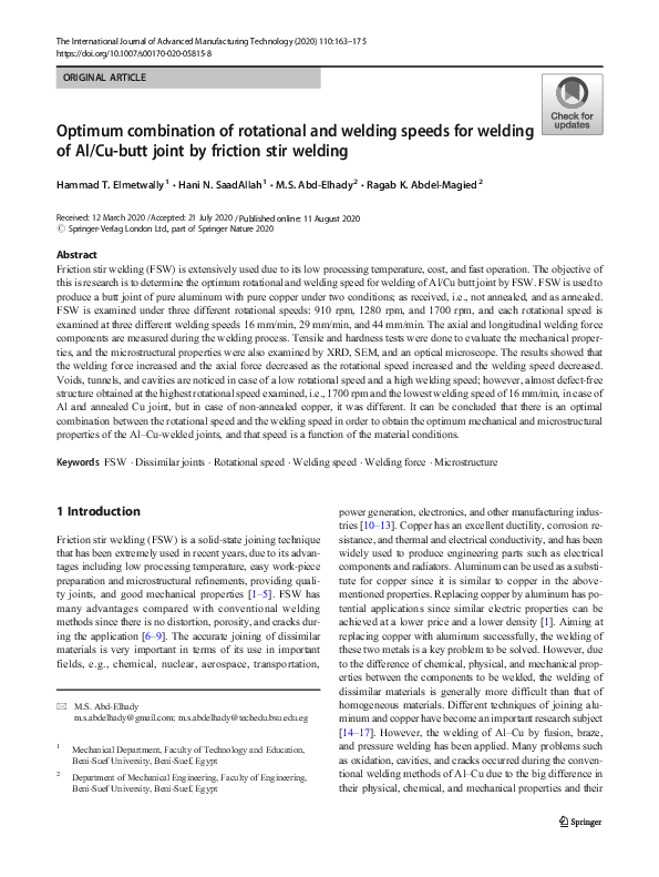 Pdf Optimum Combination Of Rotational And Welding Speeds For Welding Of Al Cu Butt Joint By