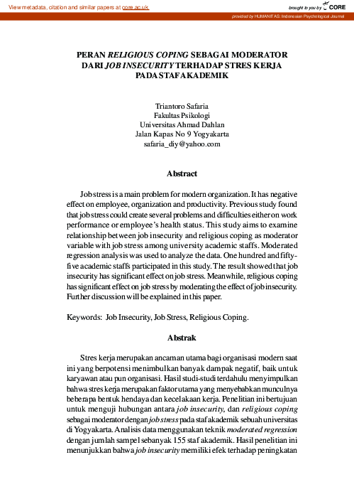 (PDF) Peran Religious Coping Sebagai Moderator Dari Job Insecurity ...