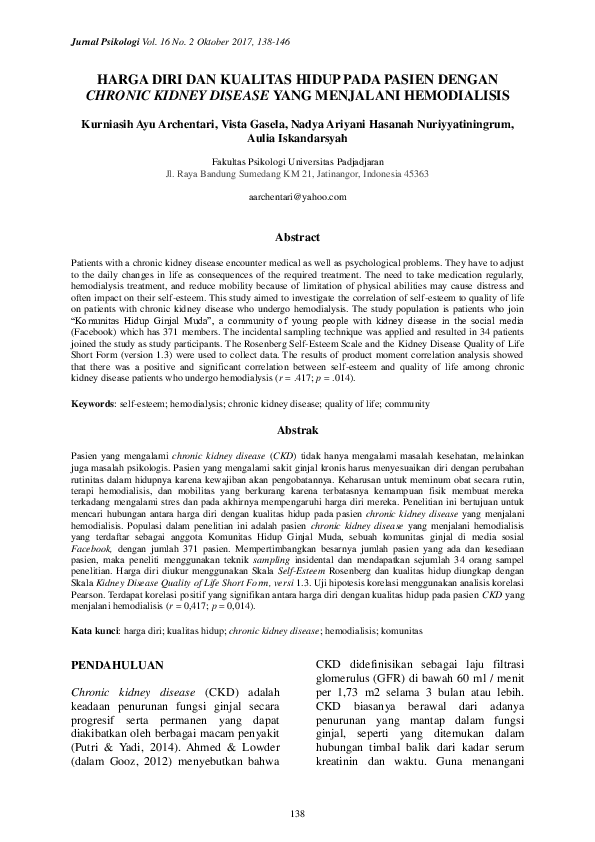 (PDF) Harga Diri Dan Kualitas Hidup Pada Pasien Dengan Chronic Kidney Disease Yang Menjalani ...