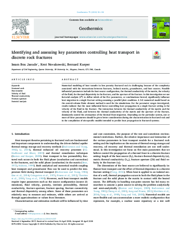 (PDF) Identifying and assessing key parameters controlling heat transport in discrete rock fractures