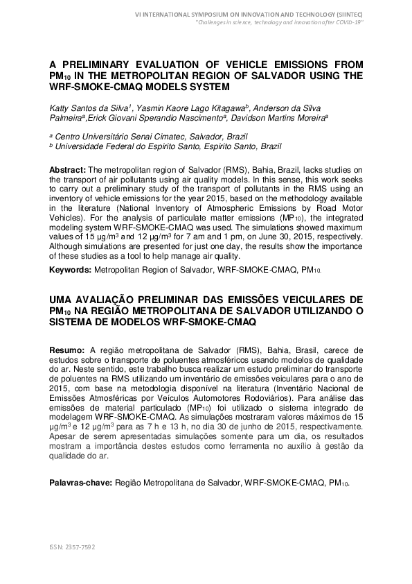 (PDF) A Preliminary Evaluation of Vehicle Emissions from PM10 in the Metropolitan Region of ...