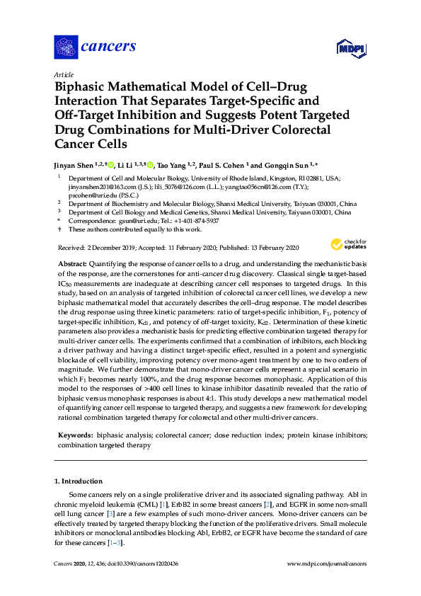 (PDF) Biphasic Mathematical Model of Cell–Drug Interaction That ...