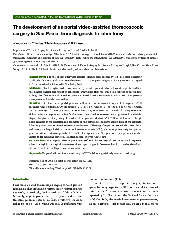 (PDF) The development of uniportal video-assisted thoracoscopic surgery ...