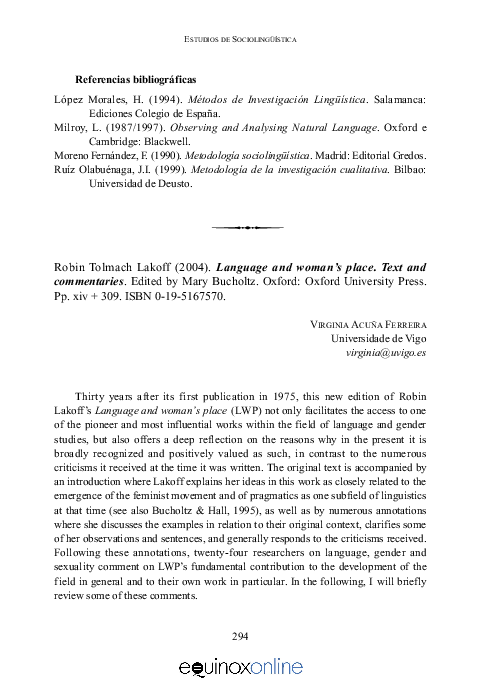 (PDF) Robin Tolmach Lakoff (2004). Language and woman ’s place. Text ...