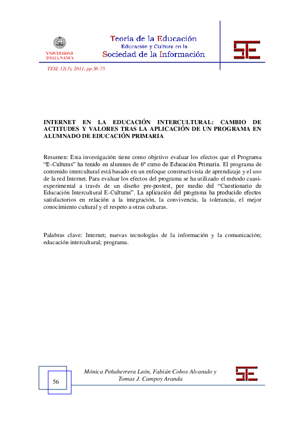 (PDF) Internet en la educación intercultural: cambio de actitudes y valores tras la aplicación ...