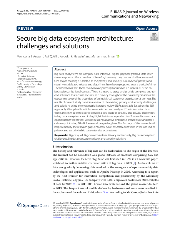 (PDF) Secure big data ecosystem architecture: challenges and solutions