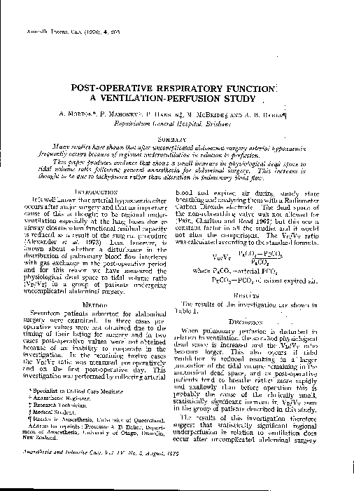 (PDF) Post-Operative Respiratory Function a Ventilation-Perfusion Study