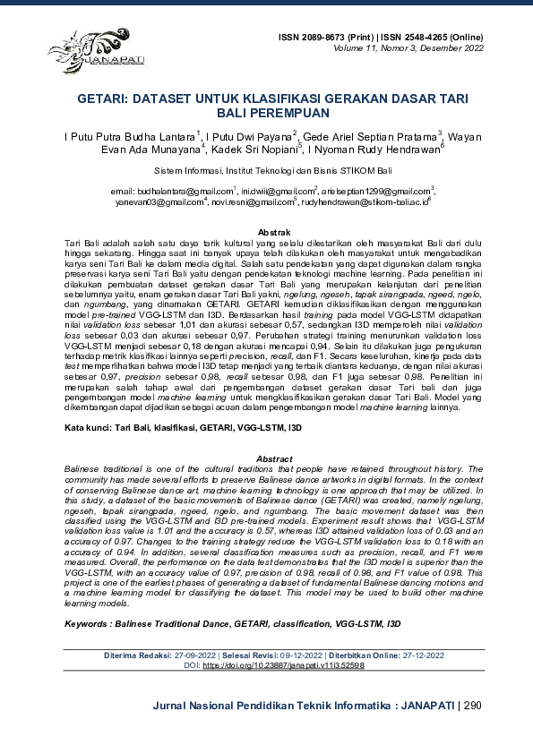 (PDF) GETARI: Dataset untuk Klasifikasi Gerakan Dasar Tari Bali Perempuan