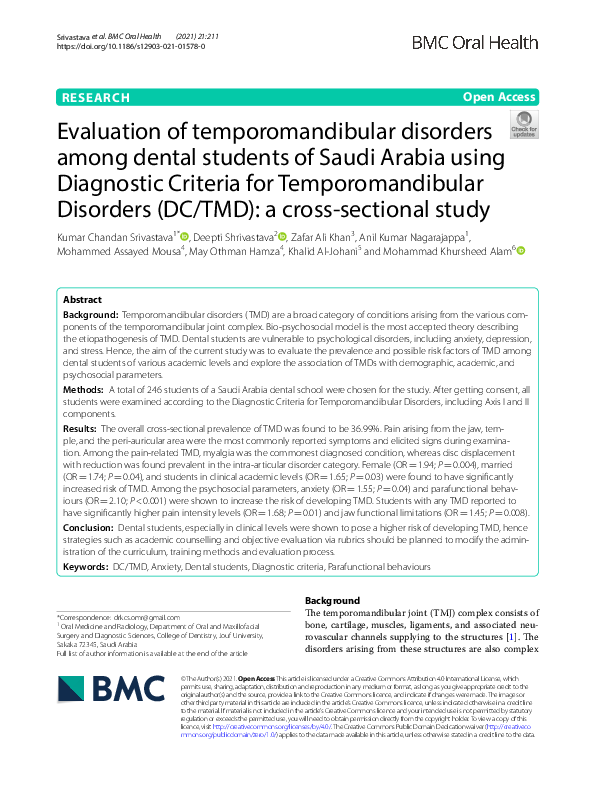 (PDF) Evaluation of temporomandibular disorders among dental students ...
