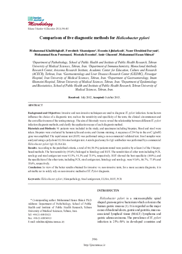 (PDF) Comparison of five diagnostic methods for Helicobacter pylori