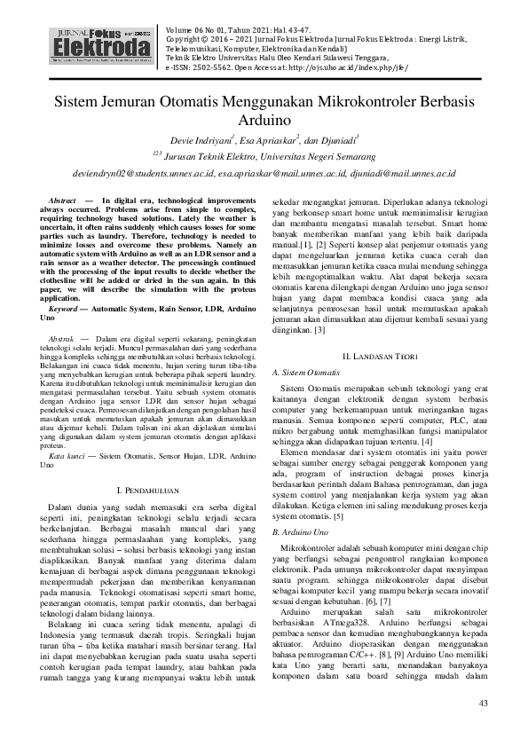 (PDF) Sistem Jemuran Otomatis Menggunakan Mikrokontroler Berbasis Arduino
