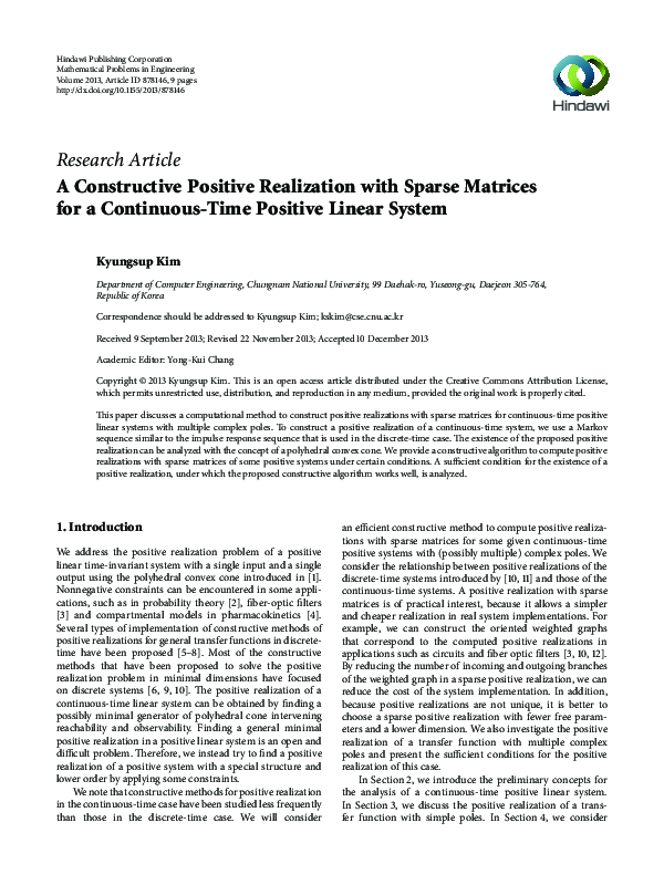 Pdf A Constructive Positive Realization With Sparse Matrices For A
