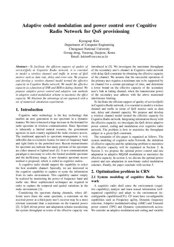 (PDF) Adaptive coded modulation and power control over Cognitive Radio Network for QoS provisioning