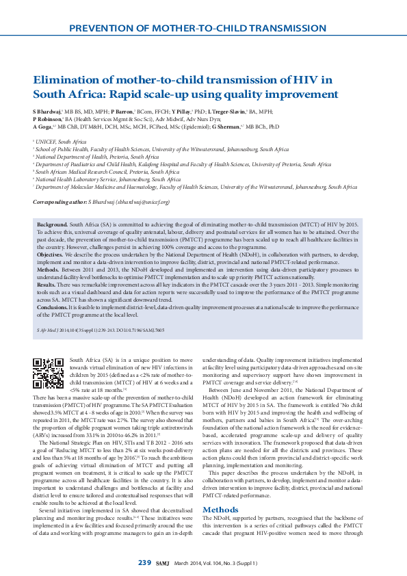 (PDF) Elimination of mother-to-child transmission of HIV in South ...