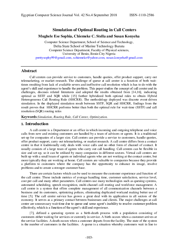 (PDF) Simulation of Optimal Routing in Call Centers