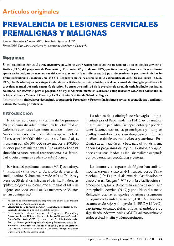 (PDF) Prevalencia de lesiones cervicales premalignas y malignas