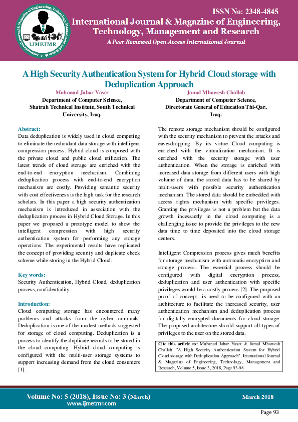 Pdf A High Security Authentication System For Hybrid Cloud Storage With Deduplication Approach