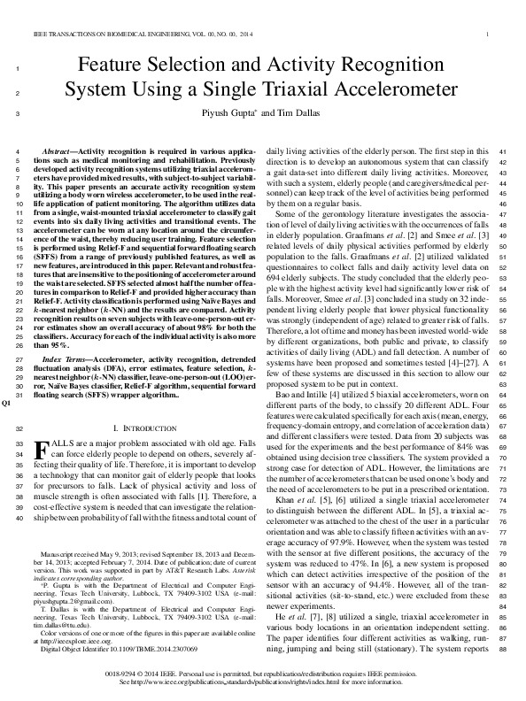 Pdf Feature Selection And Activity Recognition System Using A Single