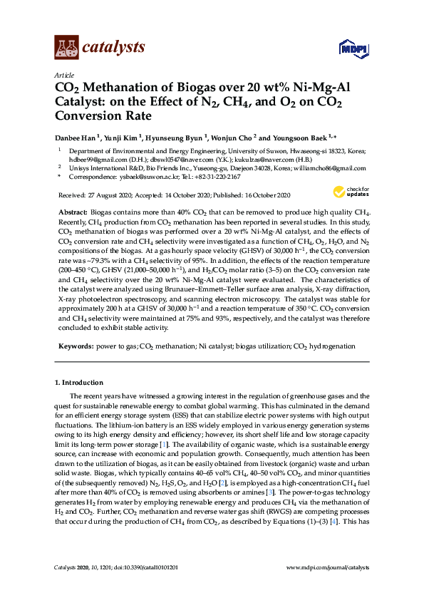 (PDF) CO2 Methanation of Biogas over 20 wt% Ni-Mg-Al Catalyst: on the Effect of N2, CH4, and O2 ...