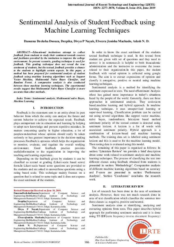 (PDF) Sentimental Analysis of Student Feedback using Machine Learning Techniques