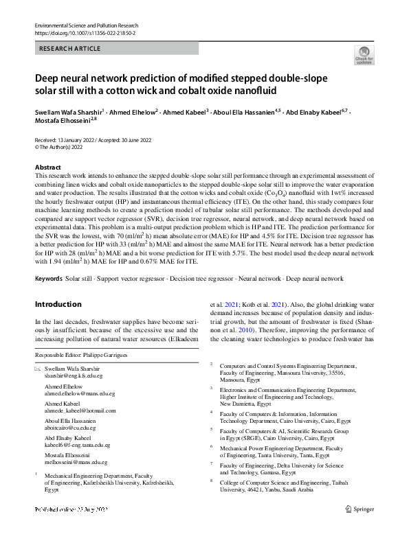 Pdf Deep Neural Network Prediction Of Modified Stepped Double Slope Solar Still With A Cotton
