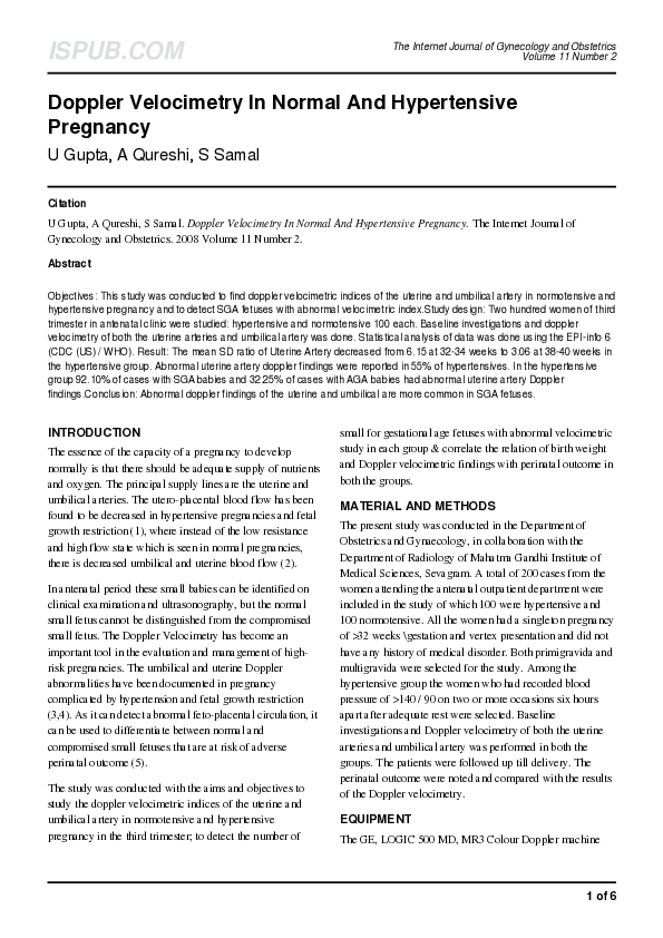 (PDF) Doppler Velocimetry In Normal And Hypertensive Pregnancy