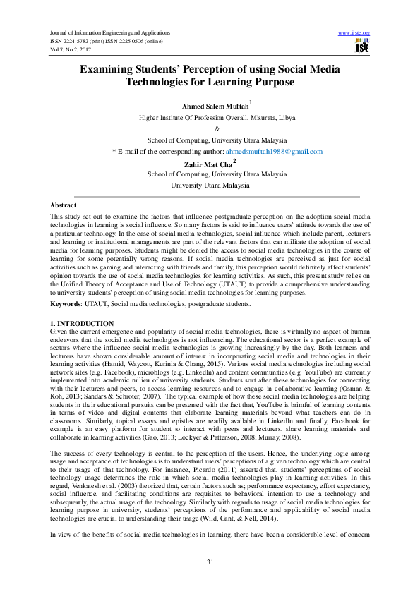(PDF) Examining Students’ Perception of using Social Media Technologies for Learning Purpose