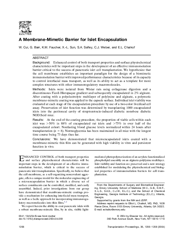 (PDF) A Membrane-Mimetic barrier for islet encapsulation