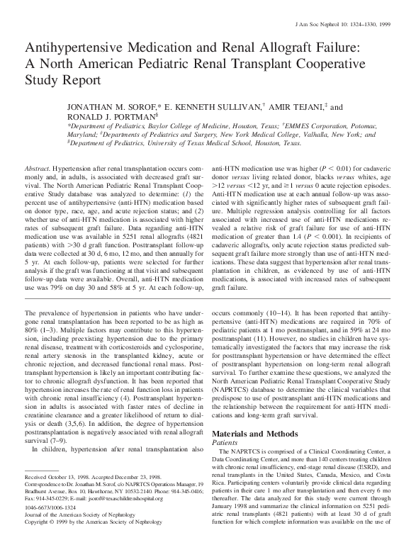 (PDF) Antihypertensive Medication and Renal Allograft Failure