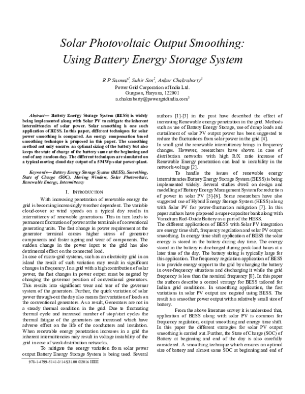 (PDF) Solar photovoltaic output smoothing: Using battery energy storage ... (PDF) Solar photovoltaic output smoothing: Using battery energy storage ...