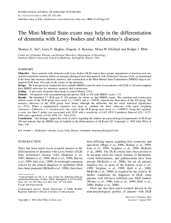 (PDF) The Mini-Mental State exam may help in the differentiation of ...