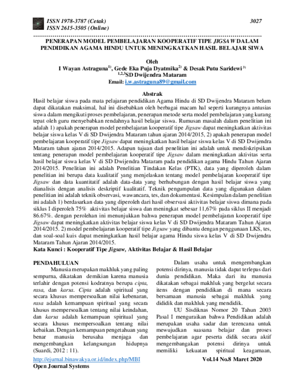 (PDF) Penerapan Model Pembelajaran Kooperatif Tipe Jigsaw Dalam Pendidikan Agama Hindu Untuk ...