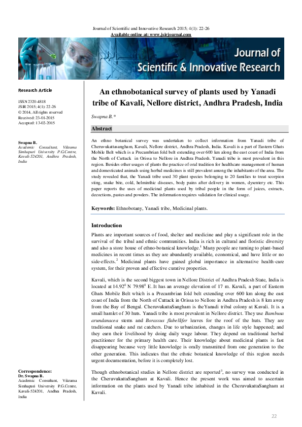 (PDF) An ethnobotanical survey of plants used by Yanadi tribe of Kavali ...