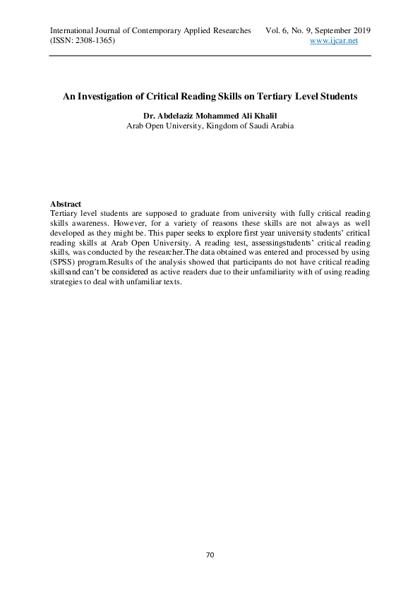 (PDF) An Investigation of Critical Reading Skills on Tertiary Level ...