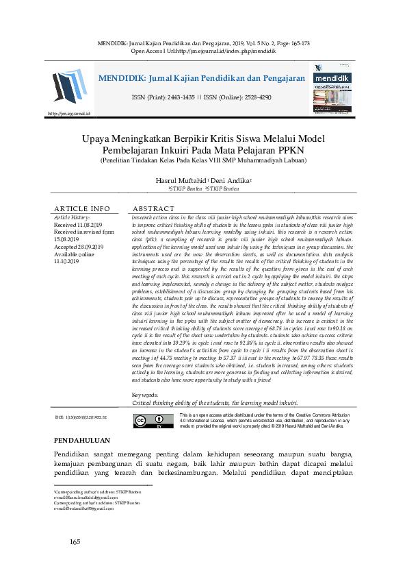 (PDF) Upaya Meningkatkan Berpikir Kritis Siswa Melalui Model Pembelajaran Inkuiri Pada Mata ...