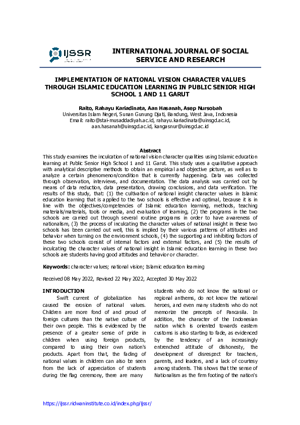 (PDF) Implementation of National Vision Character Values Through ...