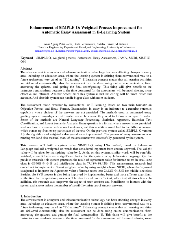(PDF) Enhancement of SIMPLE-O: Weighted Process Improvement for Automatic Essay Assessment in E ...