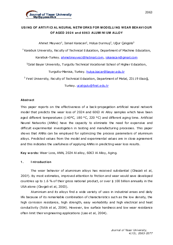 Pdf Using Of Artificial Neural Networks For Modelling Wear Behaviour Of Aged 2024 And 6063