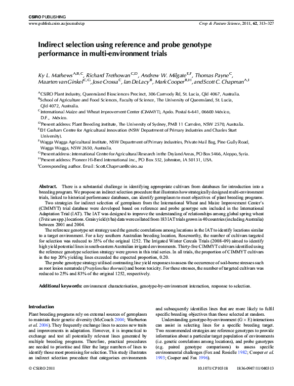 Pdf Indirect Selection Using Reference And Probe Genotype Performance In Multi Environment Trials